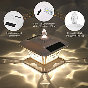 LIEFGARDEN White Solar Post Cap Lights Warm White/Red/Green/Blue 4 Lighting Mode, 15 Lumens 1000mAh Battery IP54 Waterproof, Fits 3.5x3.5 4x4 4.5x4.5 5x5 Fence Post Lights Solar Powered (2 Pack)