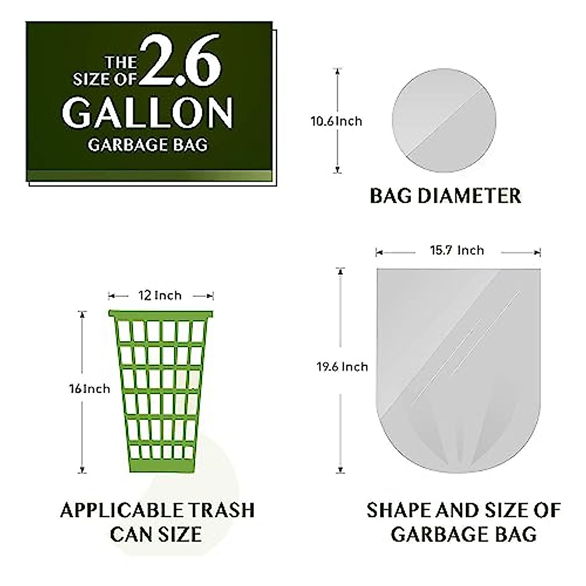 2.6 Gallon Trash Bags, 100 Counts Strong Durable Small Garbage Bags Ultra Thick Recycling Eco-Friendly Trash Can Liner Waste Bin Bags for Bathroom Kitchen Bedroom Office Car Pet (White)