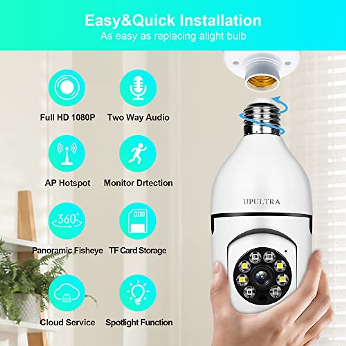 light bulb Security Camera Wireless 1080P, PTZ E27 360 Degree Panoramic Wireless Connector with WiFi,Smart Motion Detection and Alarm,Two Way Audio,Night Vision, Remote Viewing with 64GB Memory Card