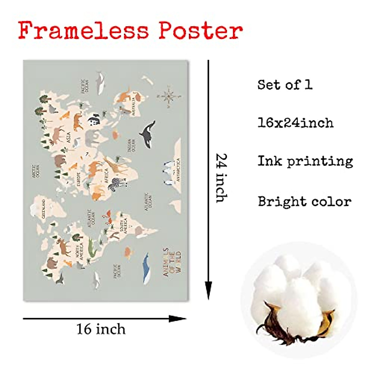 World Map Poster Animals Nursery Educational Wall Pictures Green World Map Wall Art Animal Nursery Pictures Animal Map Canvas Wall Art Nursery World Map Wall Art Watercolor Map Wall Art 16x24in No Frame