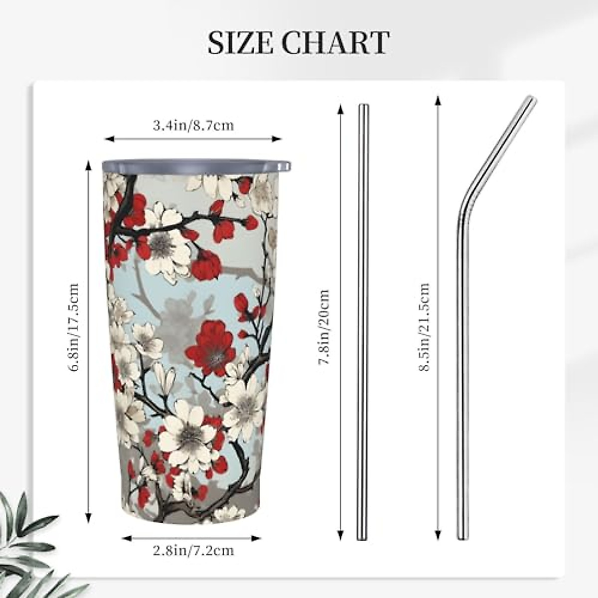 Zemwundy Red and white cherry blossoms 20oz tumbler stainless steel vacuum insulated coffee cup car cup travel mug water bottle with lid for hot and cold drinks