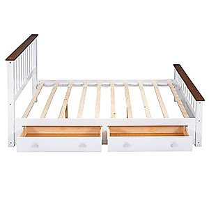 FANYE Queen Size Soild Wood Platform Bed Wooden Bedframe with Two Storage Drawers and Wood Slat Support, White+Walnut