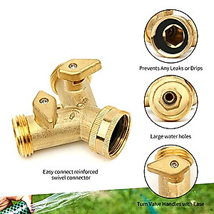Garden Hose Splitter 2 Way - Heavy Duty Solid Brass Hose Y Splitter，Hose Faucet Splitter,3/4" Brass Hose Adapter Connectors Shut Off Valve, Hose Spigot Adapter 2 Valves, Plus 4 Extra Rubber Washers.