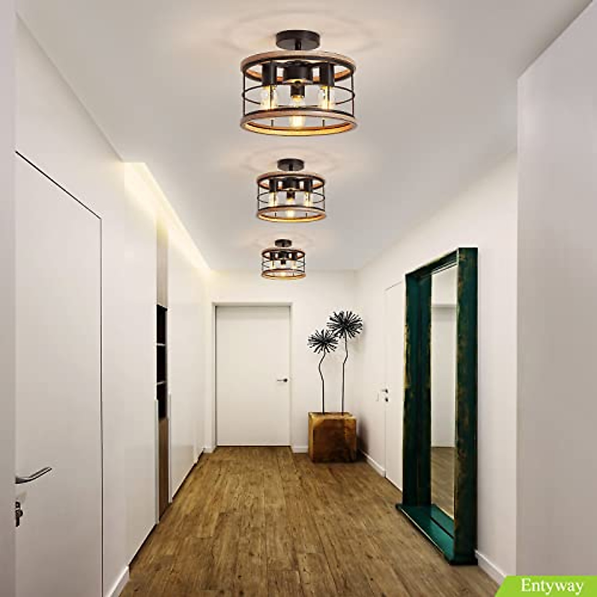 Semi Flush Mount Ceiling Light Fixture Vintage Ceiling Light Farmhouse Ceiling Light White Wood Grain Metal Cage Ceiling Lamp for Kitchen Dining Room Hallwa Bedroom Living Room (White Wood Grain)
