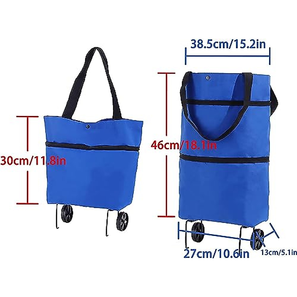 YASYU Foldable Shopping Bag with Wheels Folding Shopping Trolley Tote Bag on Wheels Collapsible Shopping Cart Bags 2 in 1 Reusable Grocery Bags Travel Bag (Blue)