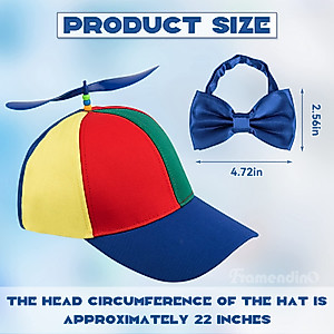 Framendino, Rainbow Propeller Hat Detachable Helicopter Top Cap Blue Brim Baseball Hats with Adjustable Blue Bow Tie for Adult Costumes