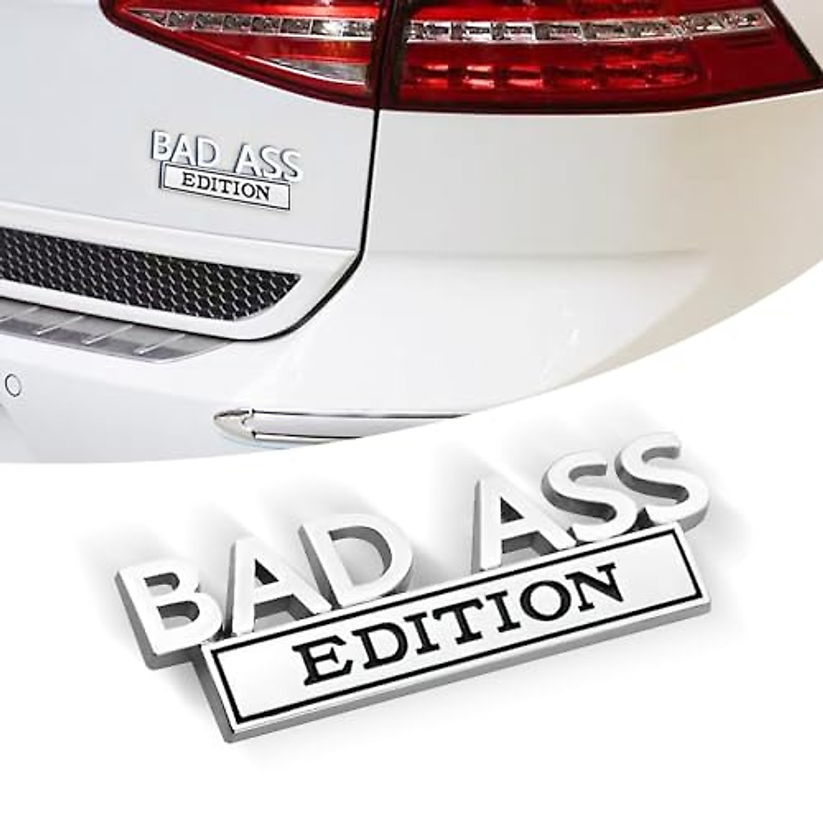 Crynod 1 PC Car Fender Badge Decal, 3.93" x 1.33" "Bad Ass Edition" Zinc Alloy Three-Dimensional Tailgate Front Grille Hood Decal, Retrofit Decorative Replacement, for Most Models (Silver & Black)