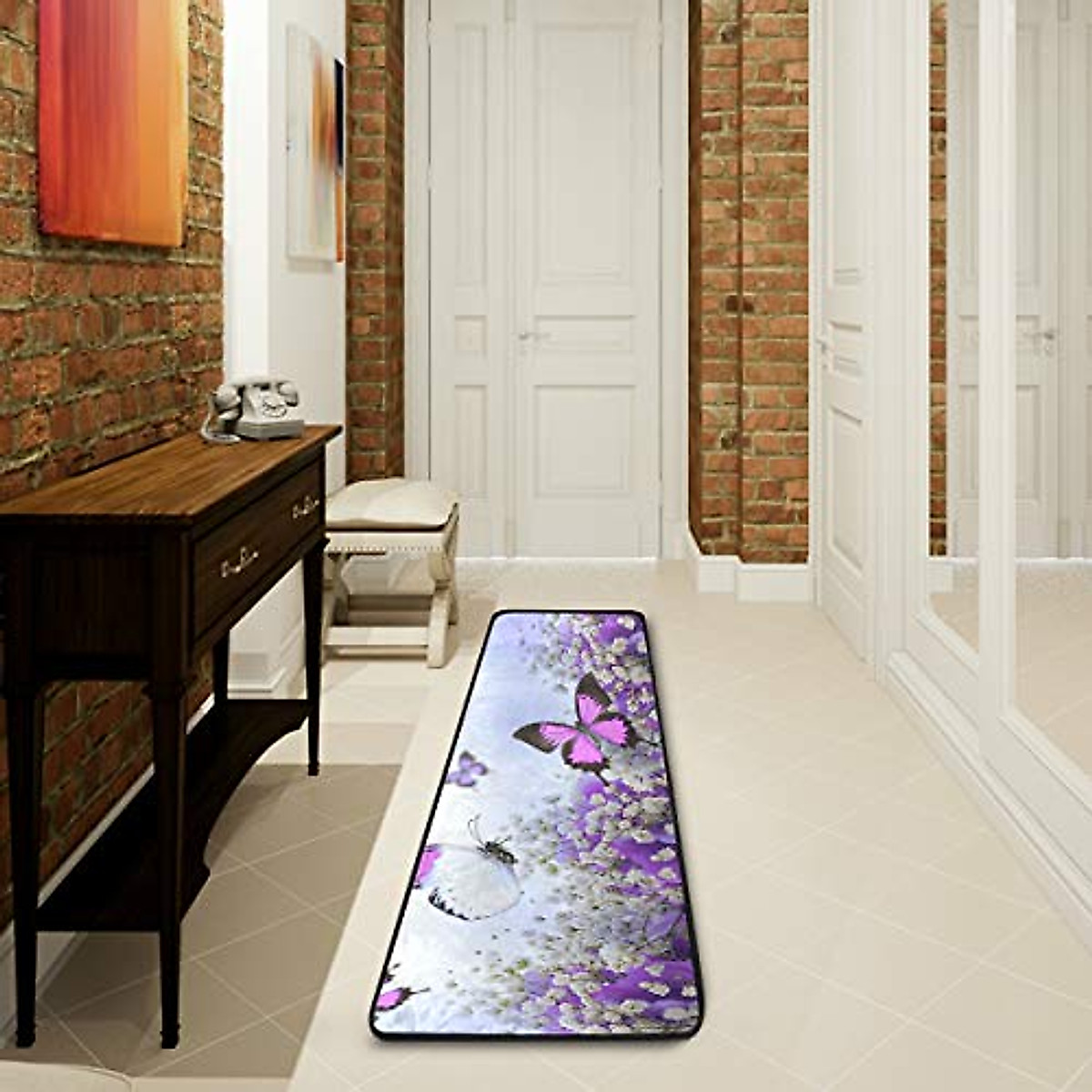 Purple Flowers and Butterflies Kitchen Rugs Non-Slip Soft Doormats Bath Carpet Floor Runner Area Rugs for Home Dining Living Room Bedroom 72" X 24"
