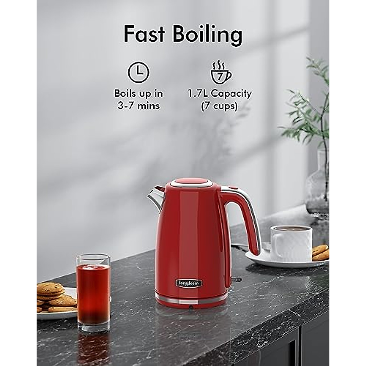 Electric Tea Kettles 1500W for Boiling Water, Longdeem Retro 1.7L Stainless Steel Hot Water Boiler with Automatic Shut Off & Boil-Dry Protection, BPA Free, Red