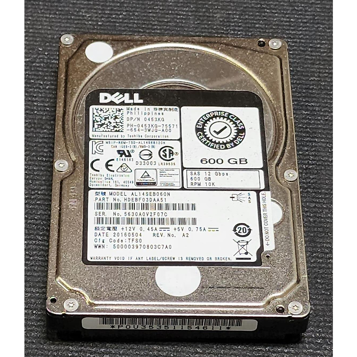 Toshiba 600GB HDD 10K RPM 2.5" 12Gb/s SAS Hard Disk Drive Model: AL14SEB060N DP/N: 453KG
