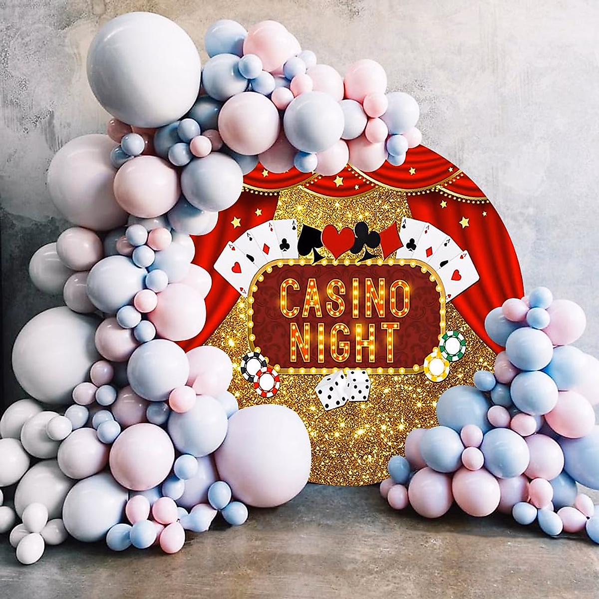 Renaiss 3x3ft Casino Night Round Backdrop Cover Las Vegas Gold Glittering Circle Photography Background Poker Dice Red Curtains Dress-Up Prom Casino Birthday Party Decors Arch Photo Booth Props