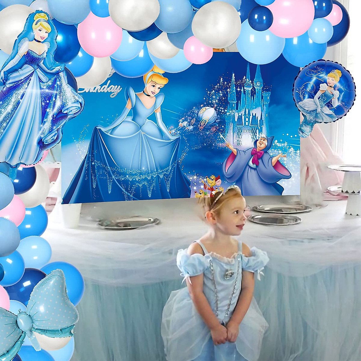 108 Pcs Cinderella Themed Party Decoration Balloon Garland Set Cinderella Birthday Party Supplies Includes Happy Birthday Background, 100 Latex Balloons, 5 Foil Balloons for Kids Birthday Party