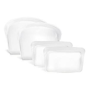 KVK Reusable Silicone Bags for Food Storage, 4 Pack Heavy Duty Silicone Ziplock Bags, Leakproof Reusable Sandwich Bags, Snack Bags, Oven Safe, Microwave Safe, Dishwasher Safe, Food Grade, Clear