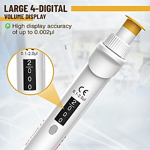 4E's USA Pipette - 0.1-2.0μl Micropipette, Adjustable Volume Pipette with Autoclavable Lower Portion, Universal Tip Cone Single Channel Pipettes, Laboratory ISO 8655 Calibrated Pipettor