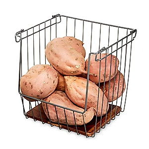 The Ría Safford Collection by iDesign Open Front Wire Basket with Acacia Wood, 12" x 12" x 12", Charcoal