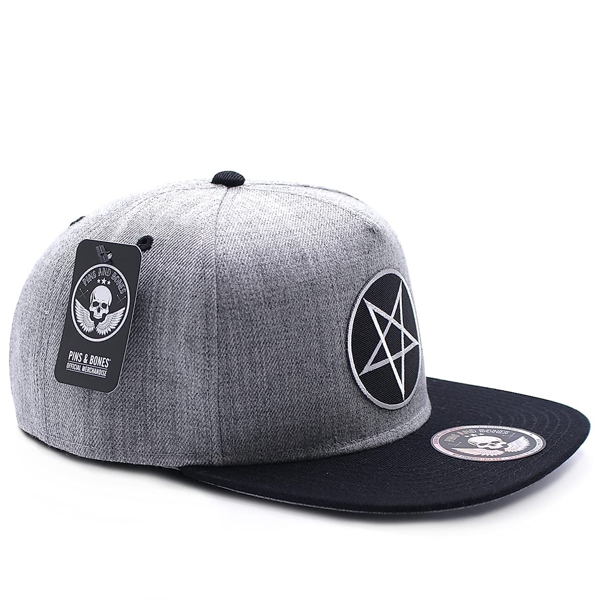 Pins & Bones Pentagram Hat, Star, Black & Grey Gothic Snapback Hat, One Size Fits All
