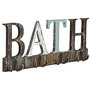 MyGift Wall Mounted Towel Hooks for Bathrooms, Rustic Torched Wood Hanging Towel Rack with 4 Dual Hooks and Bath Cutout Design