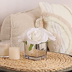 Nisoger Artificial Flowers in Vase, White Silk Rose Faux Flowers in Vase, Fake Flowers with Vase Bouquets Arrangements Home Decoration for Dinning Table Centerpieces Bedroom Bathroom Kitchen, White