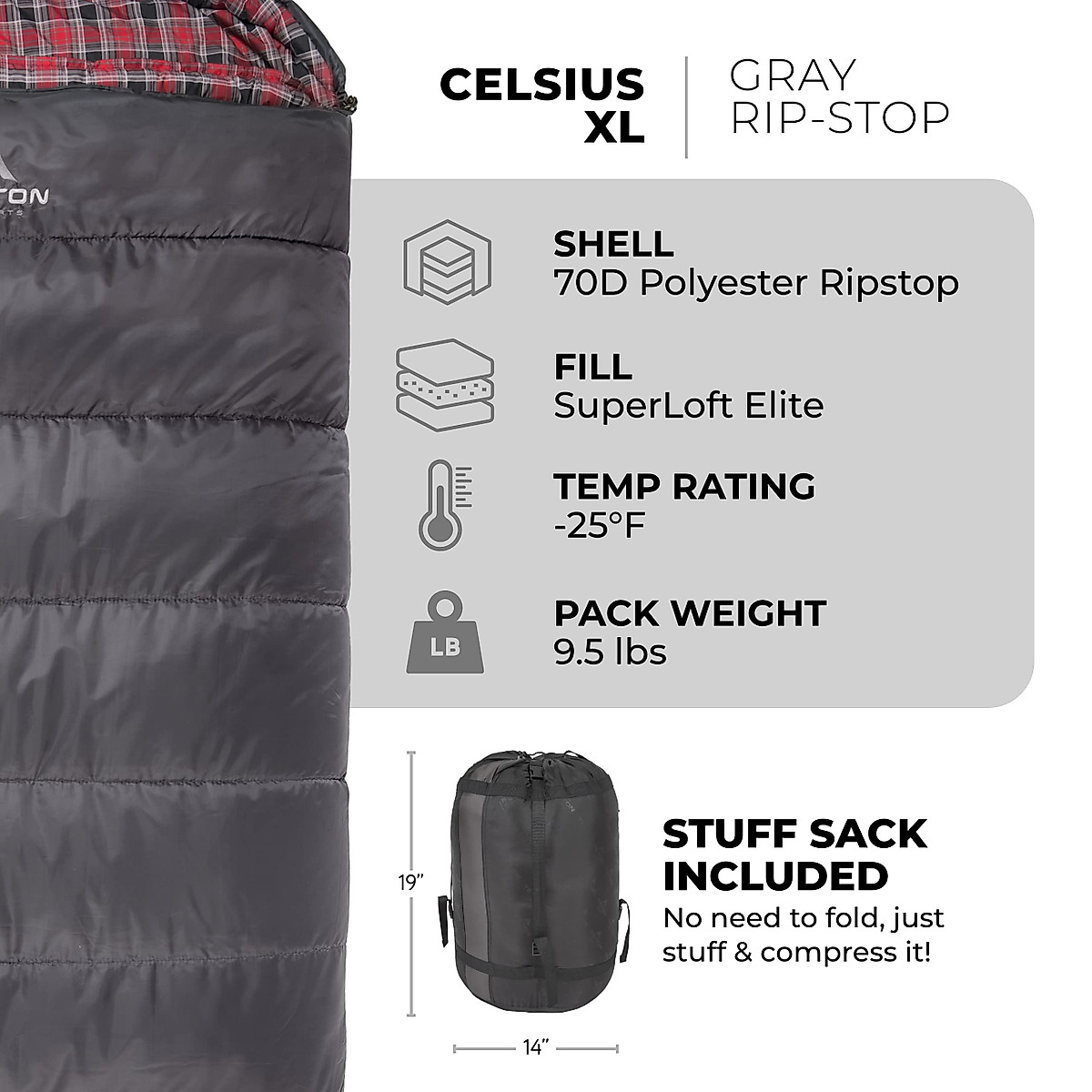 TETON Sports Celsius XL -25F Sleeping Bag; Cold Weather Sleeping Bag; Great for Family Camping; Free Compression Sack, Grey