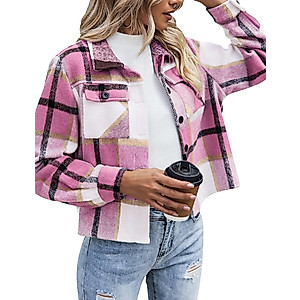 Zeagoo Shacket Womens Cropped Flannels Plaid Jacket Fall Coat Tops Fashion Button Down Blouses Jackets Coat