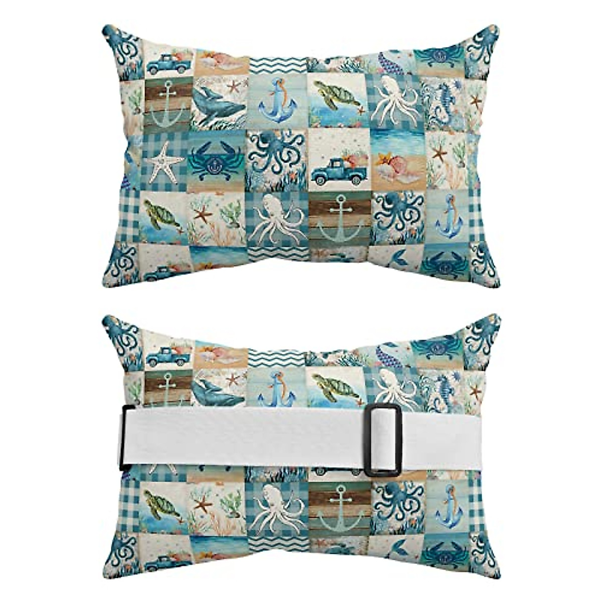 Recliner Head Pillow Ledge Loungers Chair Pillows with Insert Summer Beach Ocean Turtle Starfish Anchor Octopus Navy Blue Lumbar Pillow with Adjustable Strap Patio Cushion for Sofa Bench Couch, 2 PCS