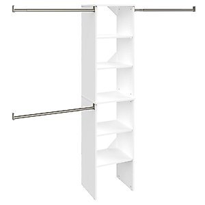 ClosetMaid SuiteSymphony Wood Closet Organizer Starter Kit with Tower and 3 Hang Rods, Shelves, Adjustable, Fits Spaces 4 – 9 ft. Wide, Pure White, 16"