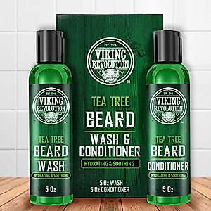 Viking Revolution Tea Tree Oil Beard Wash and Beard Conditioner For Men - Natural Beard Softener Set with Argan Oil, Vitamin E and Ginseng - Tea Tree Beard Shampoo and Conditioner Set (5 Oz)