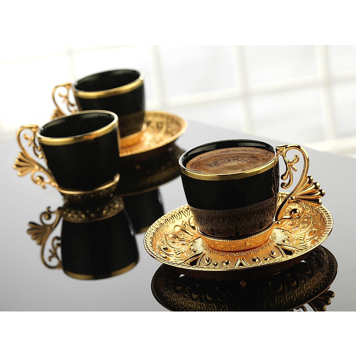 (Set of 6) Demmex Turkish Greek Arabic Coffee Espresso Demitasse Cup Saucer Spoon Set, Black Cups (Gold)