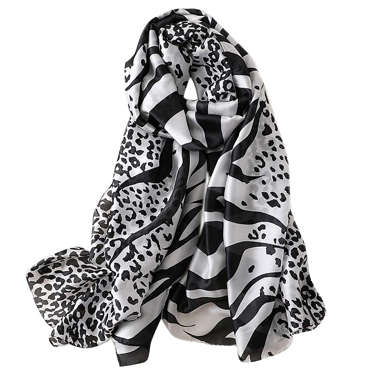 GERINLY Animal Print Shawl Wraps Zebra & Leopard Pattern Silky Scarf for Women Fashion Print Accessory (Black)