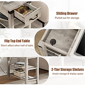 IDEALHOUSE End Table with USB Ports and Outlets, Flip Top Side Table Narrow Bedside Table with Drawer and Storage Shelves for Living Room, Rustic Grey