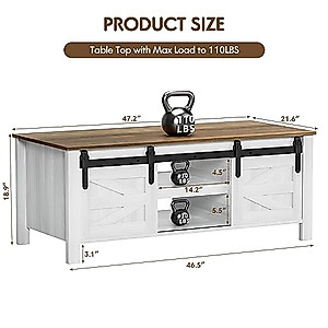 YESHOMY Coffee Table with Sliding Barn Doors & Storage, Wooden Center Rectangular Cabinet with Adjustable Shelves, for Livingroom, Bedroom, Home Office, White