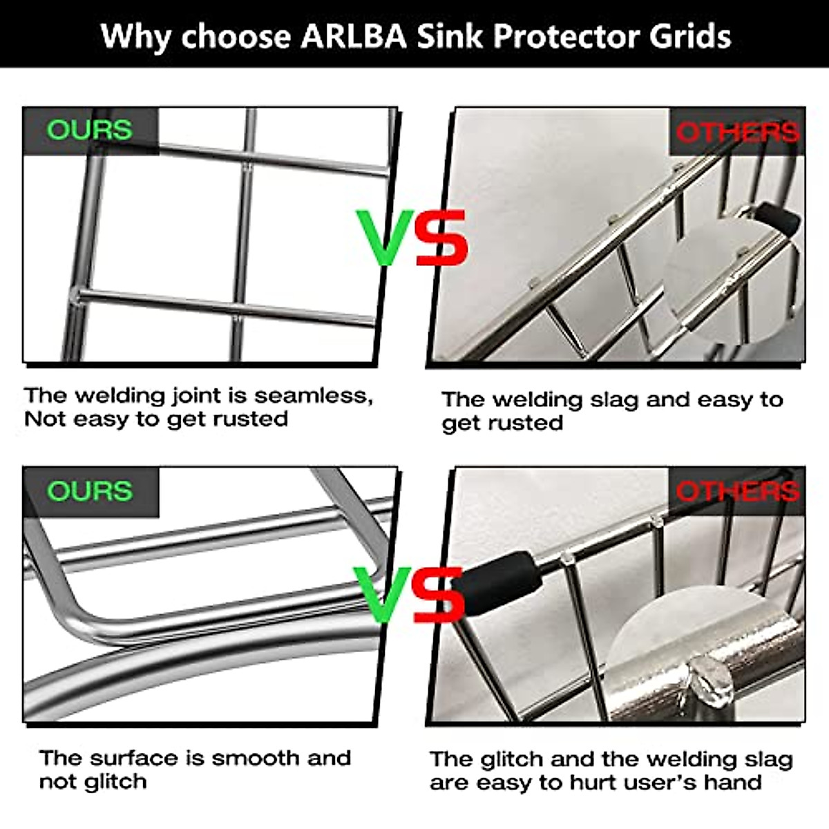 ARLBA 2Pack 304 Stainless Steel Sink Protector for Double Kitchen Sink Rear Drain,(13"x16"& 11.26"x14.5") Metal Sink Grid Sink Grate Sink Rack for Bottom of Kitchen Sink w/Sink Strainers Rubber feet