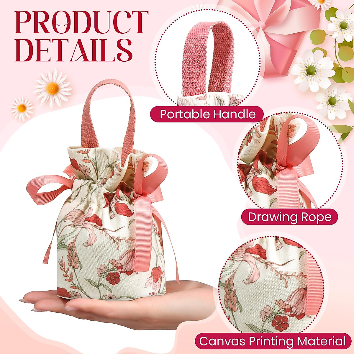 Liobelon 8 Pieces Floral Small Gift Bags with Handles 5.5 x 3.7 x 2.3'' Canvas Small Candy Bag Tea Party Favor Bags Wedding Favors Boxes for Party, Baby Shower,Bridal Shower (pink)