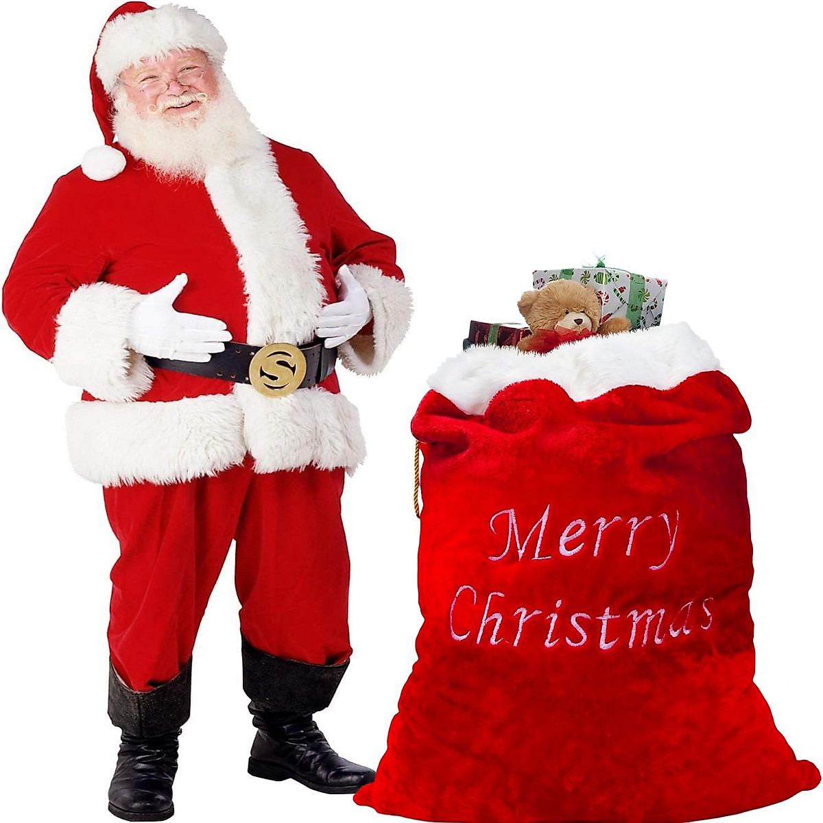 Luxury Oversized Velvet Santa's Gift Sack 3D Plush Faux Fur Cuff with Cord Drawstring – 34" Tall x 24" Wide
