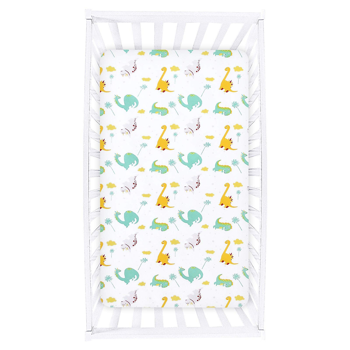Mini Crib Sheets Fitted Compatible with Graco Playard Playpen, Breathable and Soft Fabric Pack and Play Sheets Suitable for Baby Boys or Girls Everyday Use - Dinosaur Paradise