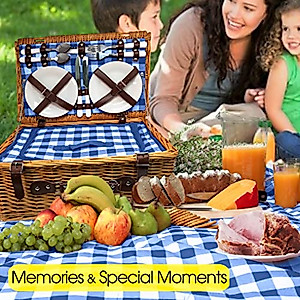 Nature Gear Upgraded 4 Person XL Picnic Basket (4 Person + Blanket, Blue & White)