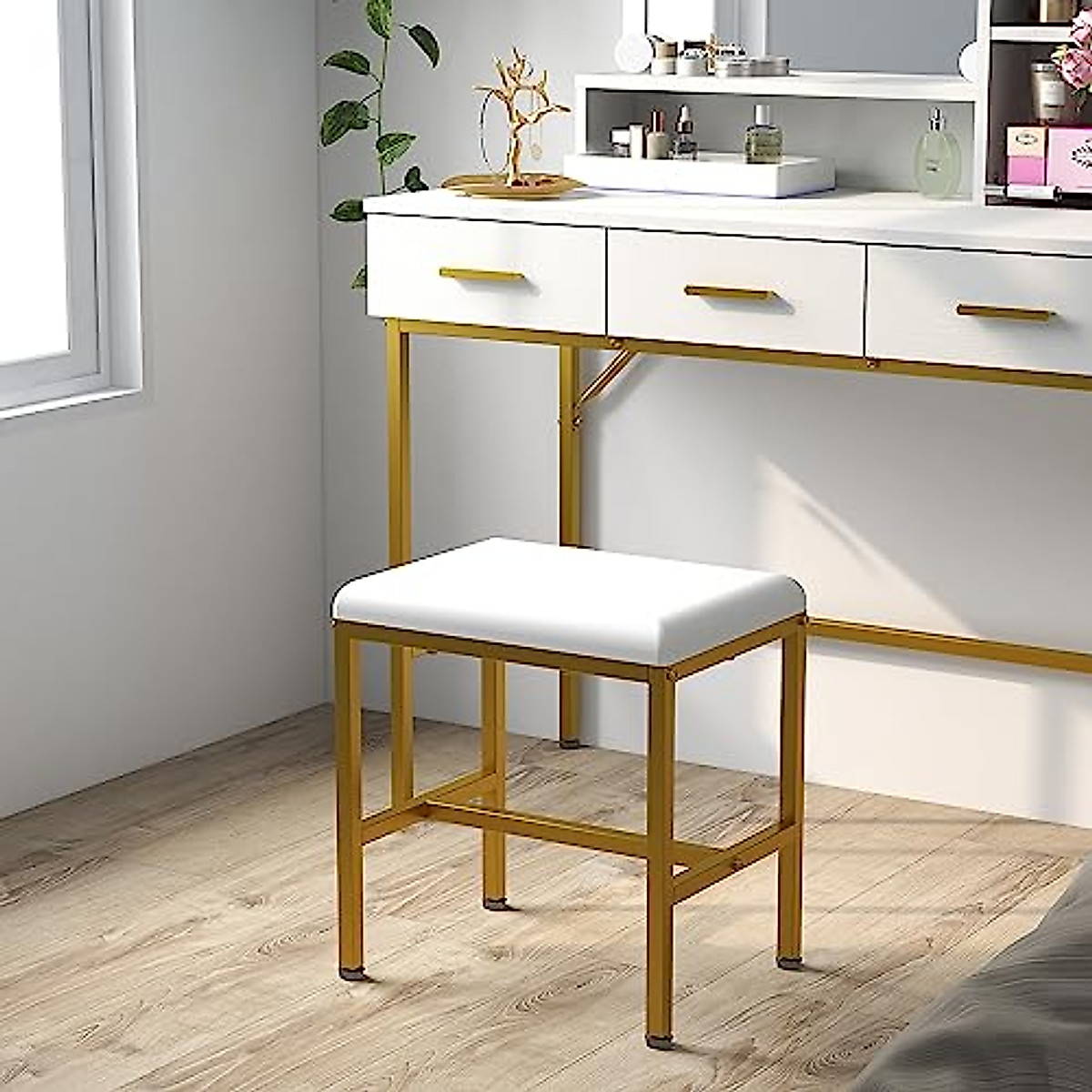 Vanity Table with Lighted Mirror, 3 Drawers Makeup Desk Dressing Table with Lots Storage Vanity Set with Wider Cushioned Stool for Bedroom (White)
