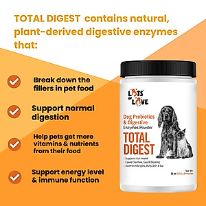 Lots of Love Total Digest - 16 0z Digestive Enzymes and Dog Probiotics Supplement - Probiotics for Dogs & Cats, Dog Gut Health Support, Immunity Support & Gas Relief