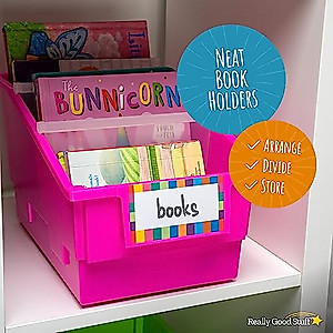 Really Good Stuff Chapter Book Library Bins with Dividers, 8¾" x 13½" x 7¾" - 4 Pack, Neon | Plastic Shelf Bin Organizer for Classroom Library, Book Organization, Documents, Files, Magazines