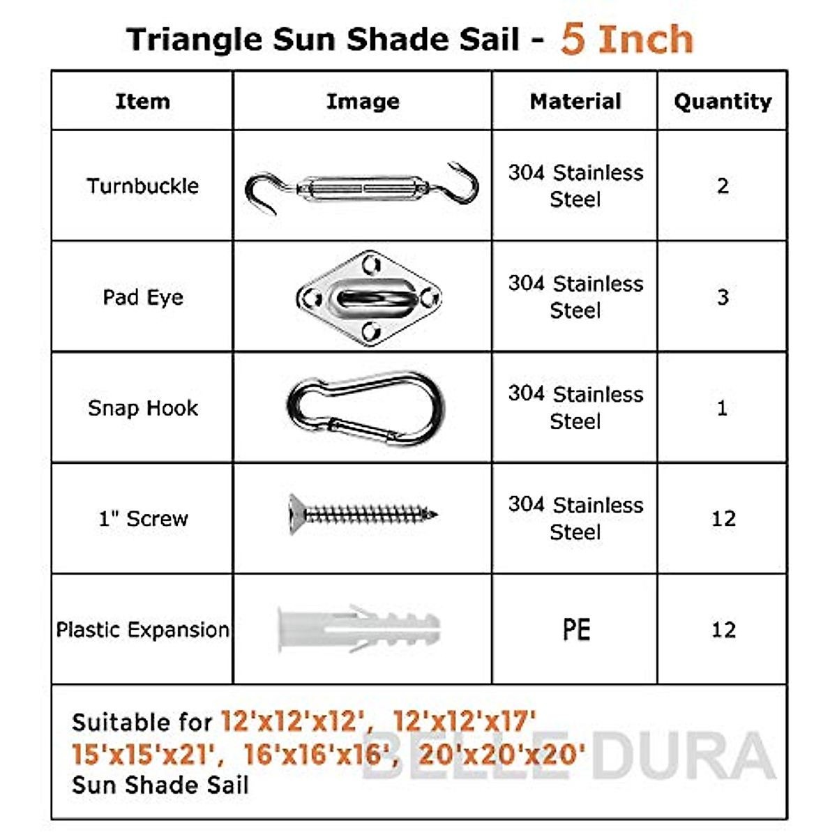 BELLE DURA Sun Shade Sail Patio 20'X20'X20' Rust Red 304 Stainless Steel Hardware Kit 5 Inch Installation Set Cover for Canopy Outdoor,185GSM TriangleAwning Shade Sails for Backyard Lawn Garden