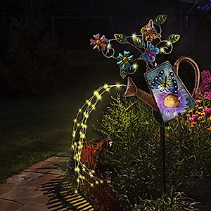 Solar Outdoor Watering Can Lights-Butterfly Decorative Path Lights, Metal Glass Solar Powered Garden Waterfall Decor Ornament for Yard Lighting Outside