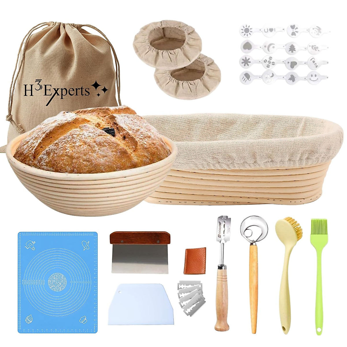 H3EXPERTS 12 Pieces Banneton Bread Proofing Basket Set of 2-10" Round & 9.6" Oval Baskets - Sourdough Bread Baking Supplies - Bread Making Tools and Supplies - Sourdough Starter Kit - Bread Proofer