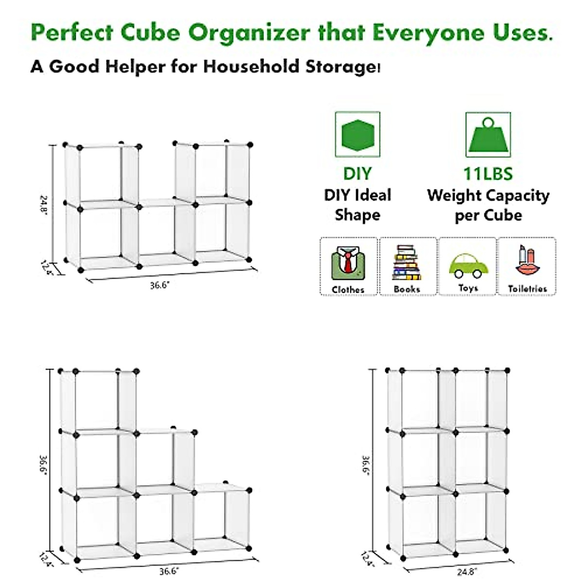 C&AHOME Cube Storage Organizer, 6-Cube Shelves Units, Closet Cabinet, DIY Plastic Modular Book Shelf, Ideal for Bedroom, Living Room, Office, 36.6" L x 12.4" W x 36.6" H Translucent White SBTM3506A