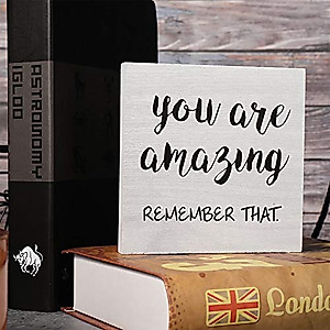 2 Pieces Wooden Inspirational Box Signs You Are Amazing Desk Home Decor Signs Rustic Positive Wood Plaque, One Small Positive Thought in the Morning Can Change Your Whole Day Sign, 5.25 Inch