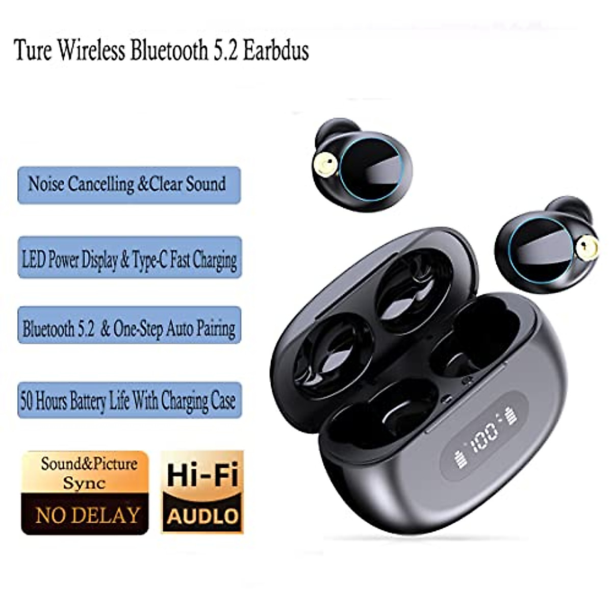 True Wireless Earbuds, Bluetooth 5.2 Headphones Waterproof Earphones in Ear Touch Control with Microphone Headset with Deep Bass Hi-Fi Stereo Sound TWS Earphones Headset for Sport, Work and Running