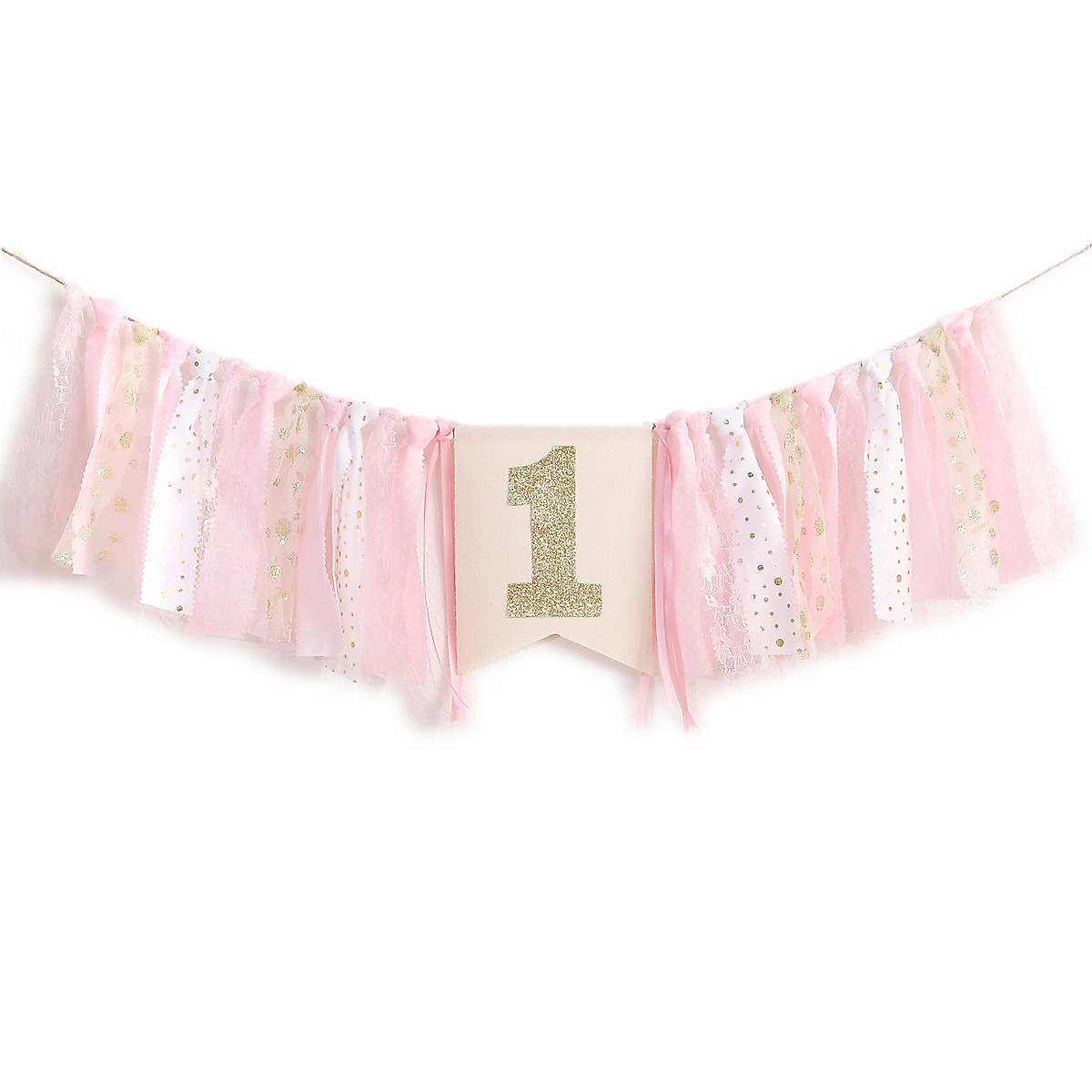 WAOUH Pink Highchair Banner - High chair Banner Decoration for First/1st Birthday, Cake Smash Photo Prop, Baby Girl Shower Anniversary Party, Gold one Birthday Sign.