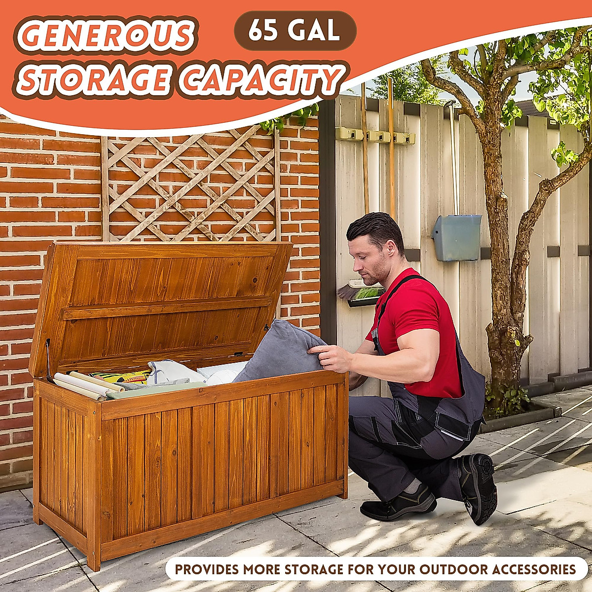 pnochoo 65 Gallon Solid Wood Deck Box, Garden Backyard Storage Bench, Waterproof Outdoor Storage Container for Patio Furniture Cushions Pool Supplies,Toys,Garden Tool,Sports Equipment