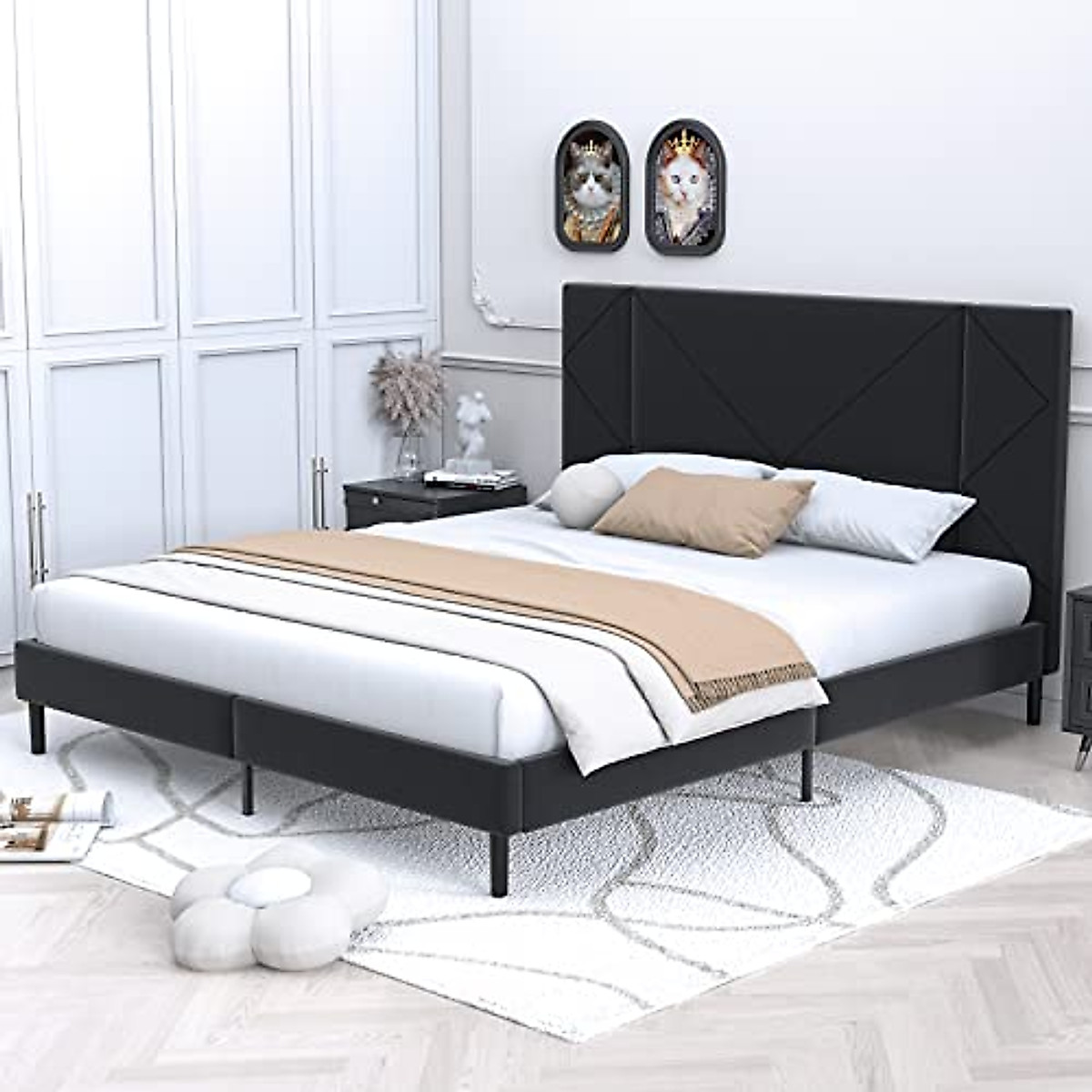 Flolinda Queen Bed Frame Stylish Upholstered Bed Frame Queen Size Platform with Tufted Velvet Headboard Stable Queen Size Bed Frame with 28pcs slats 10 Bed feet Queen Bed Frame no Box Spring Needed