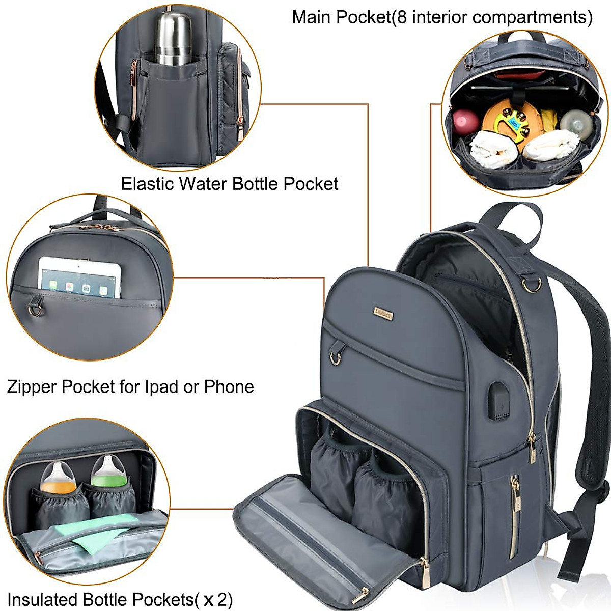 LANDICI Diaper Bag Backpack, Multifunction Travel Back Pack Maternity Baby Changing Bags with Changing Station and USB Charging Port for Mom Dad Boy Girl, Large Capacity, Waterproof, Black