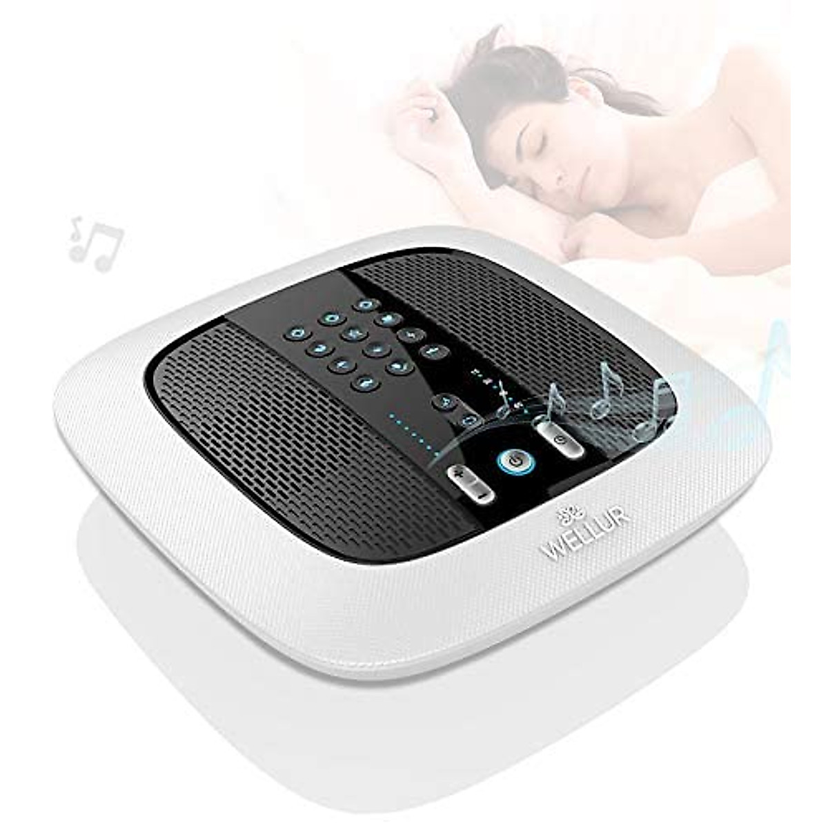 WELLUR - Stereo Sound White Noise and Natural Sound Sleep Machine with Relaxing Spa Music. Dual Build in Speakers & 3.5mm Headphone Jack, with Timer Option and USB 2.1A Port. Adapter Included (Black)